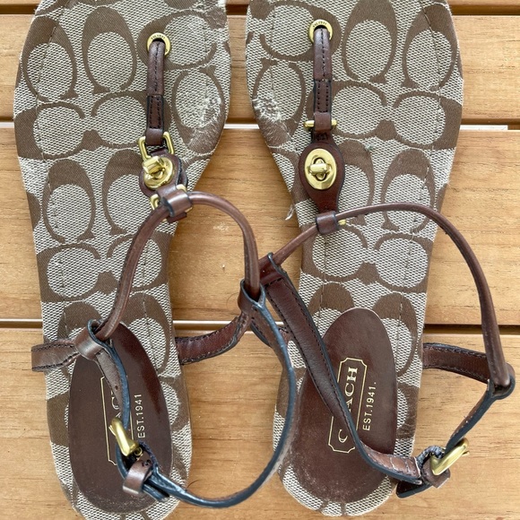 Coach | Shoes | Coach Sandals Brown Leather With Gold Detail | Poshmark